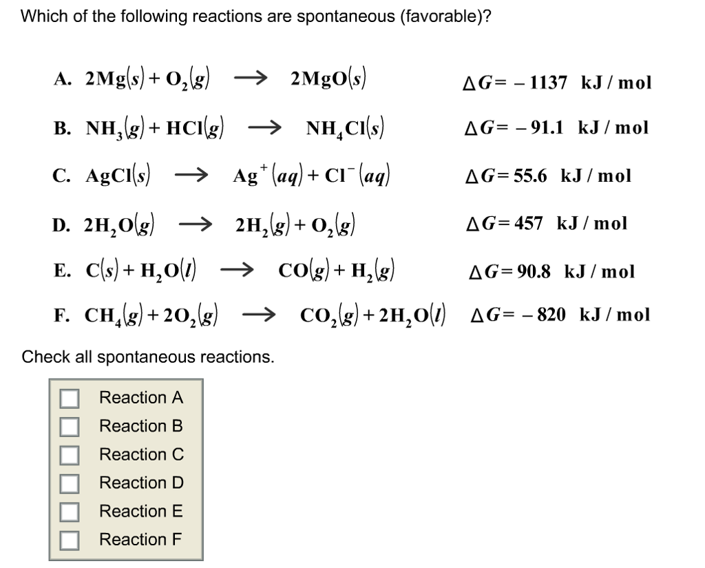 Solved Which of the following reactions are spontaneous | Chegg.com