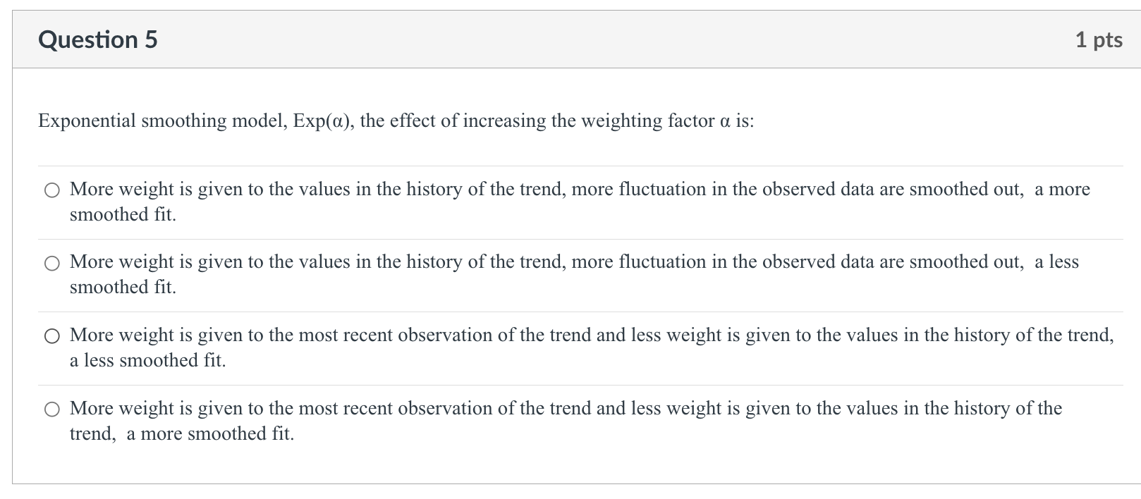 Solved Question 5 1 pts Exponential smoothing model, Exp(α), | Chegg.com
