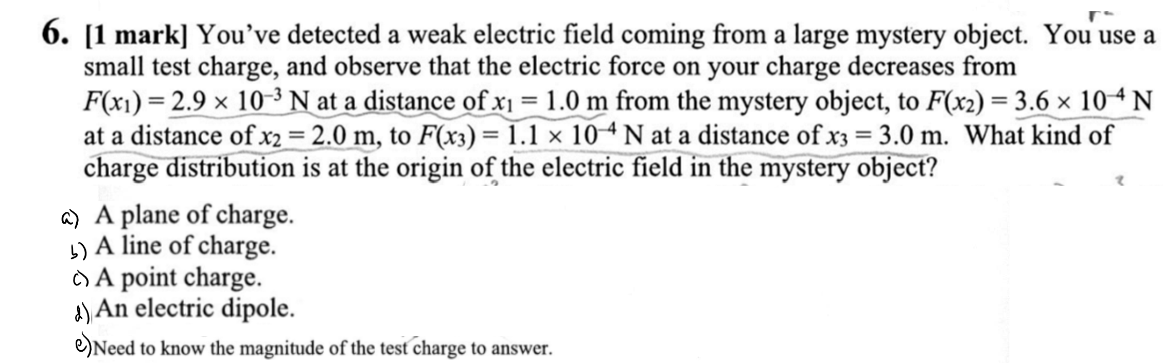Solved 6. [1 mark] You've detected a weak electric field | Chegg.com