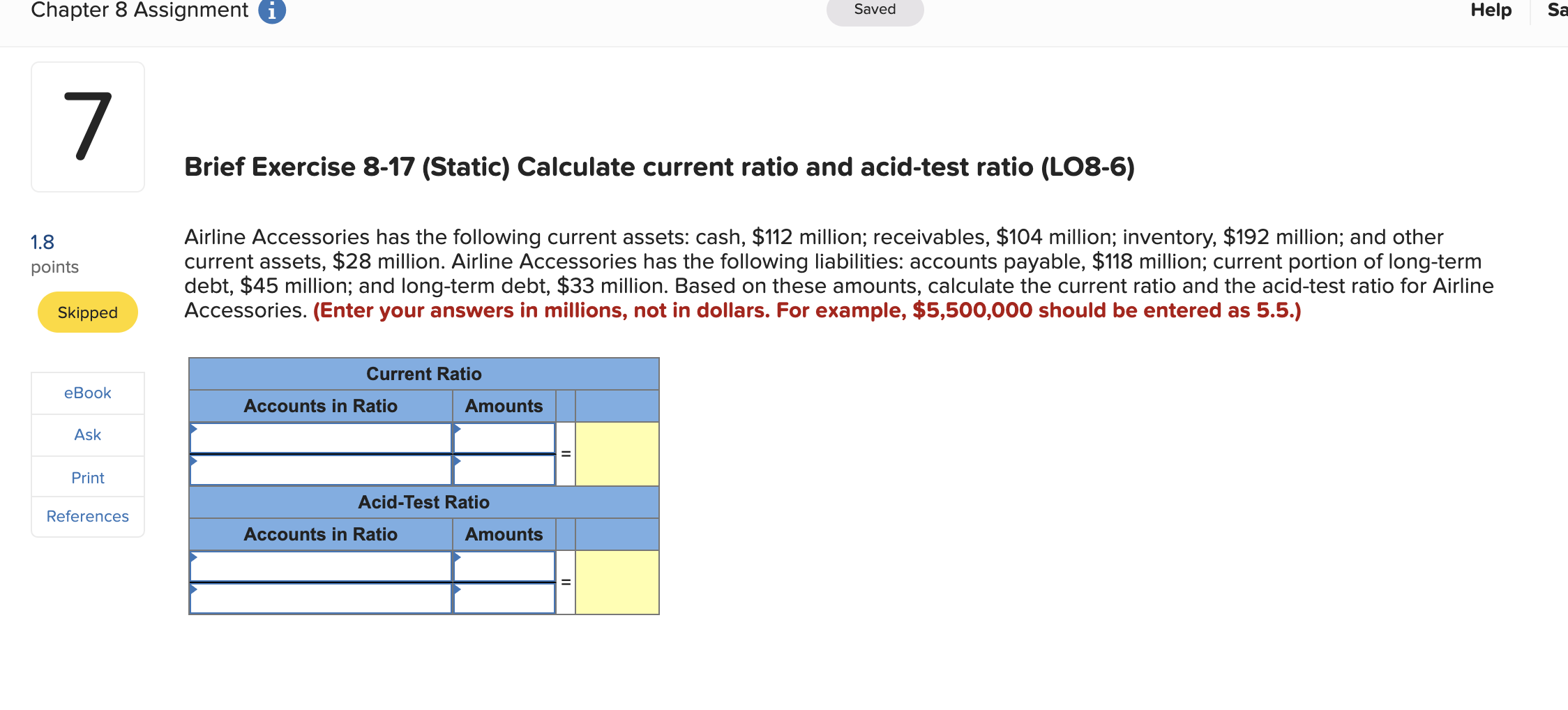 Solved Brief Exercise 8-17 (Static) Calculate current ratio | Chegg.com