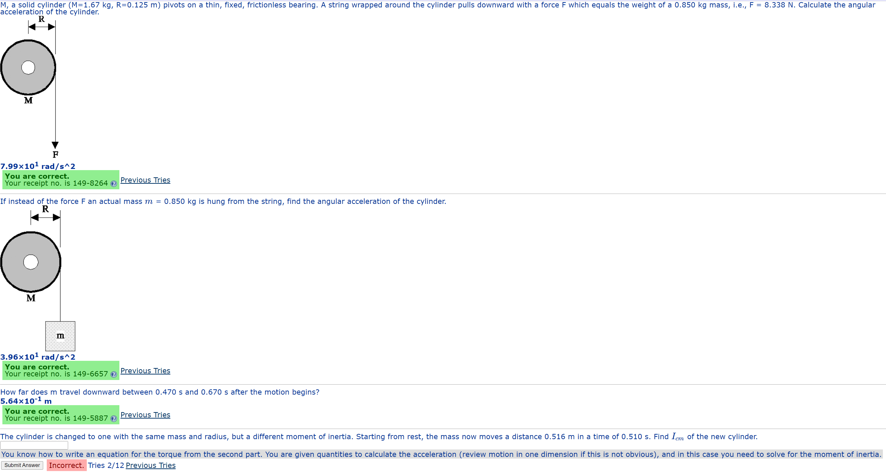 Solved acceleration of the cylinder. rad/s∧2 7.99×101rad/s∧: | Chegg.com
