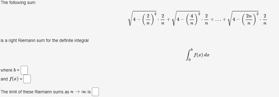 Solved The following sum 4−(n2)2⋅n2+4−(n4)2⋅n2+…+4−(n2n)2⋅n2 | Chegg.com