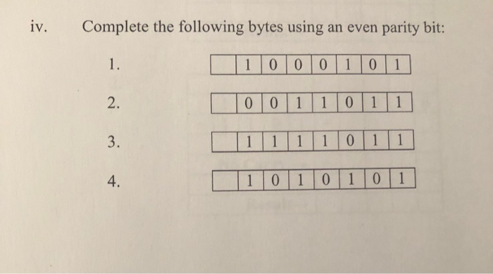 Solved iv. Complete the following bytes using an even parity | Chegg.com