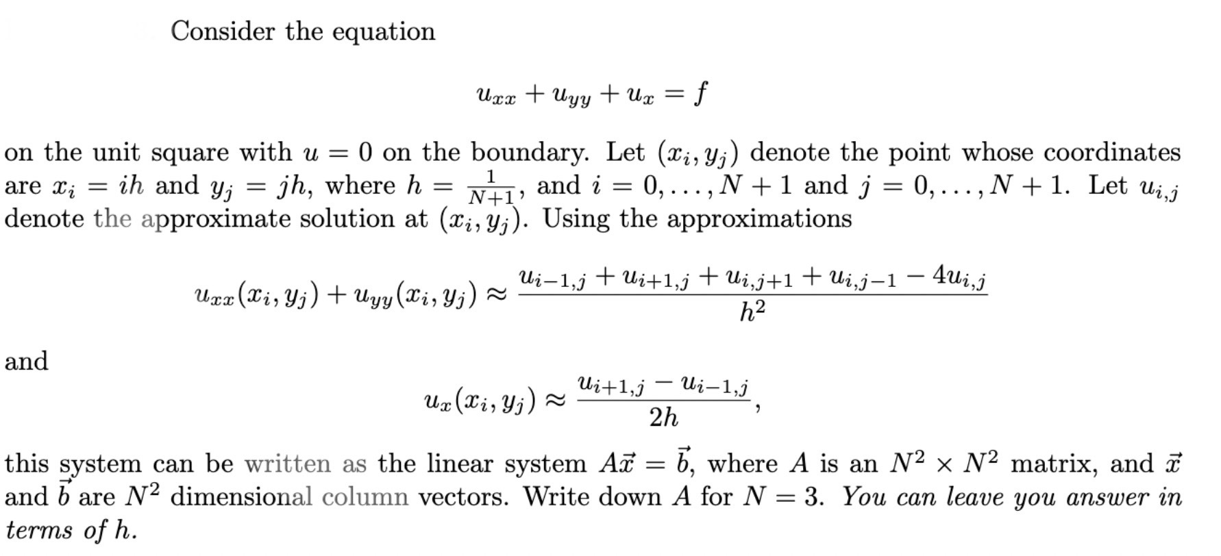 Solved Consider the equation uxx+uyy+ux=f on the unit square | Chegg.com