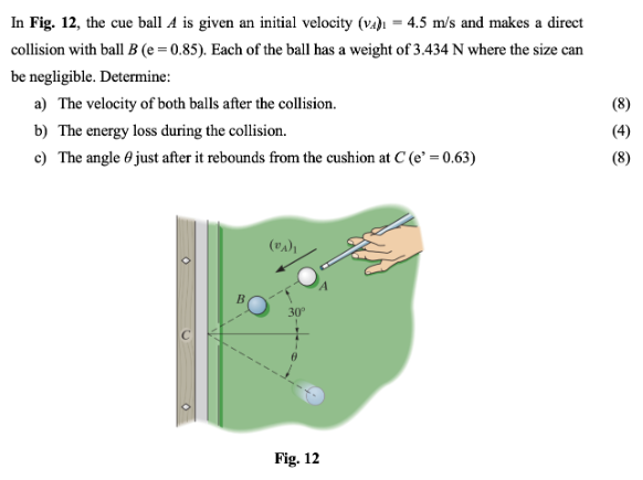 Solved In Fig. 12, the cue ball A is given an initial | Chegg.com