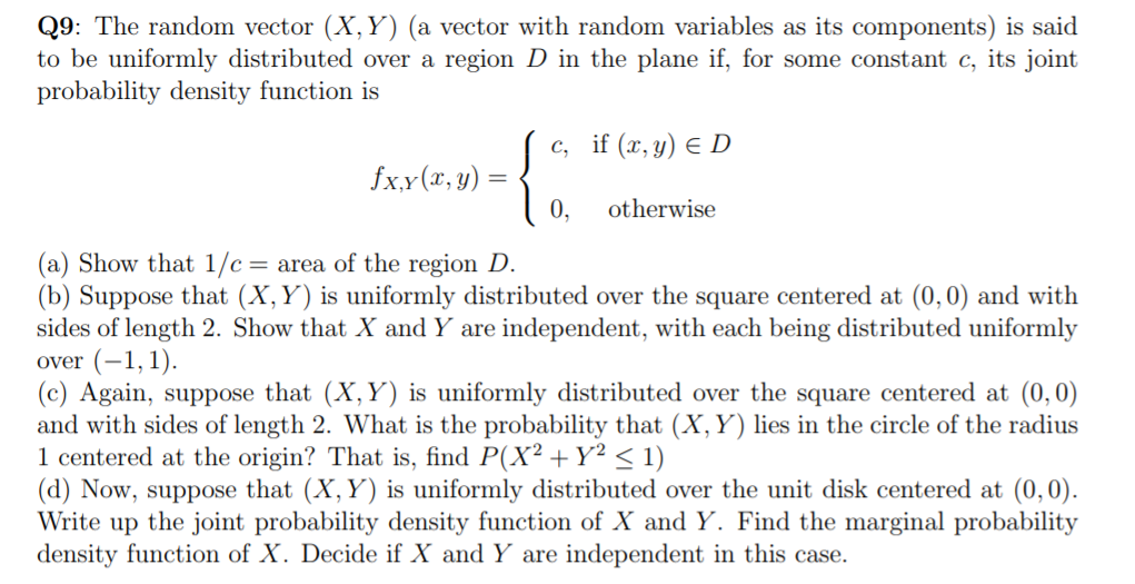 Solved Q9: The random vector (X, Y) (a vector with random | Chegg.com