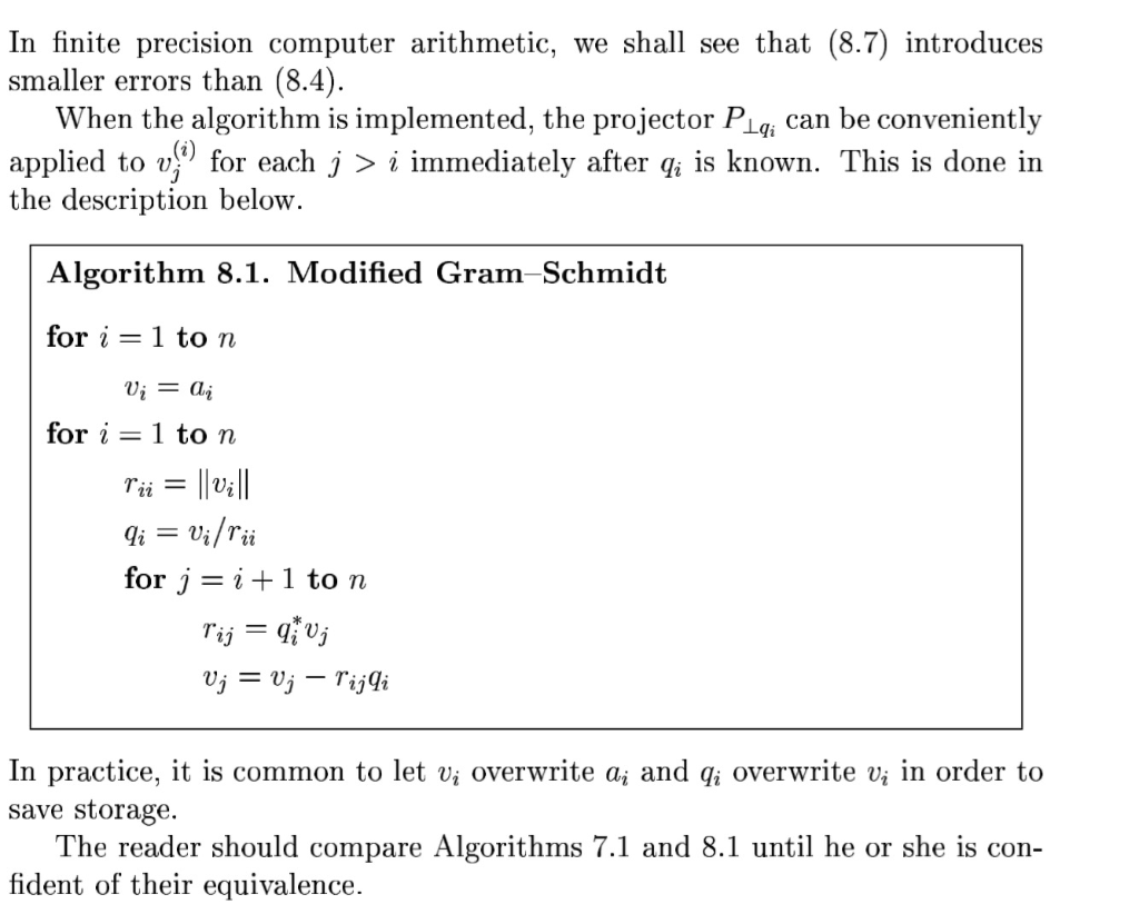 Algorithm 7.1. Classical Gram-Schmidt (unstable) for | Chegg.com