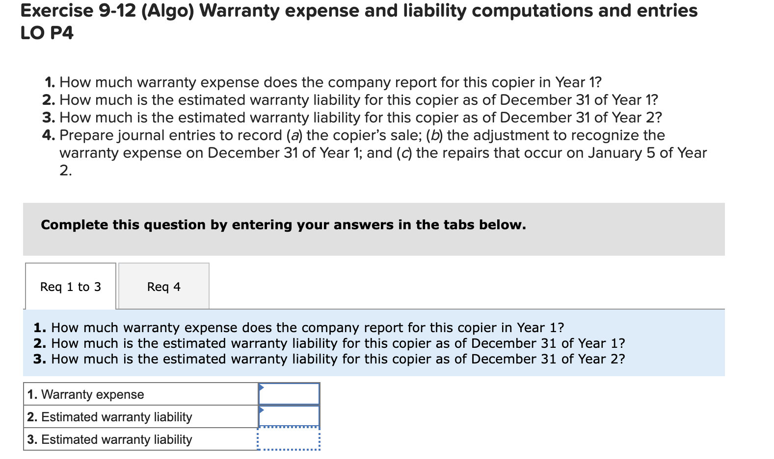 Exercise 9-12 (Algo) Warranty expense and liability | Chegg.com