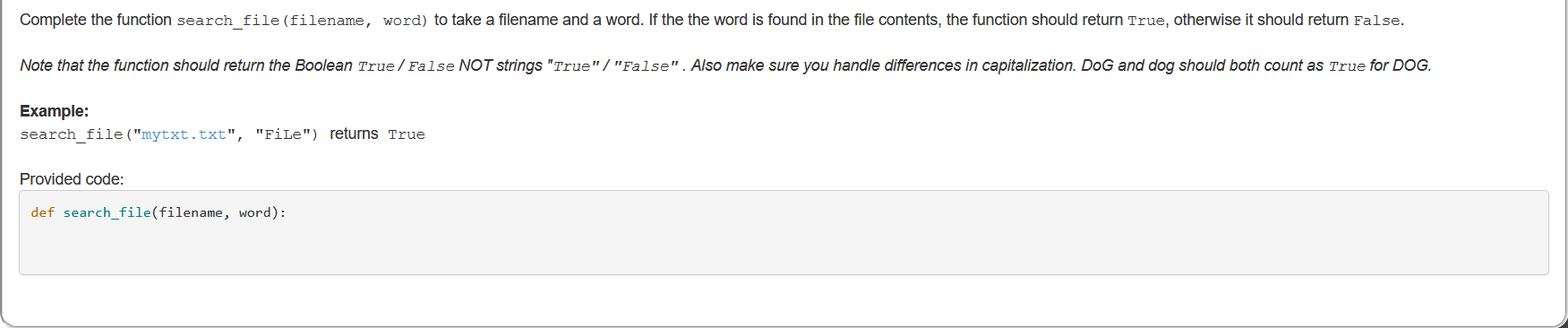 Solved Complete the function search_file(filename, word) to | Chegg.com