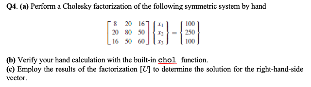Solved Q4. (a) Perform a Cholesky factorization of the | Chegg.com