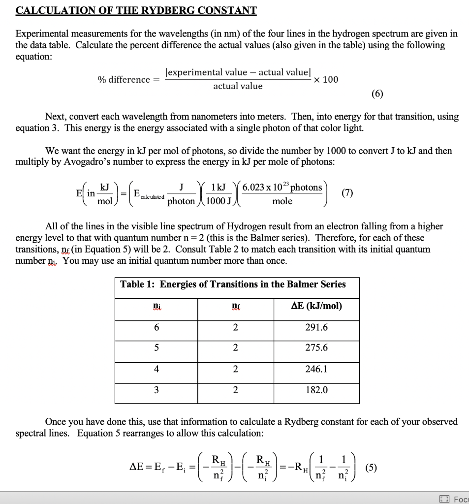 CALCULATION OF THE RYDBERG CONSTANT Experimental | Chegg.com