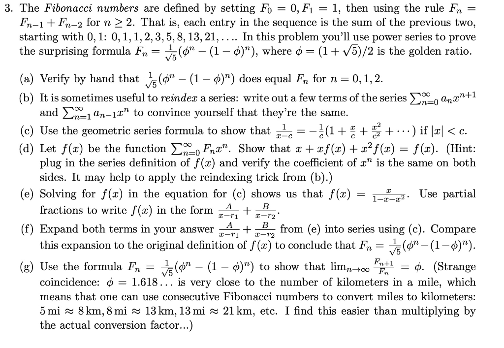 Solved 3. The Fibonacci numbers are defined by setting Fo = | Chegg.com
