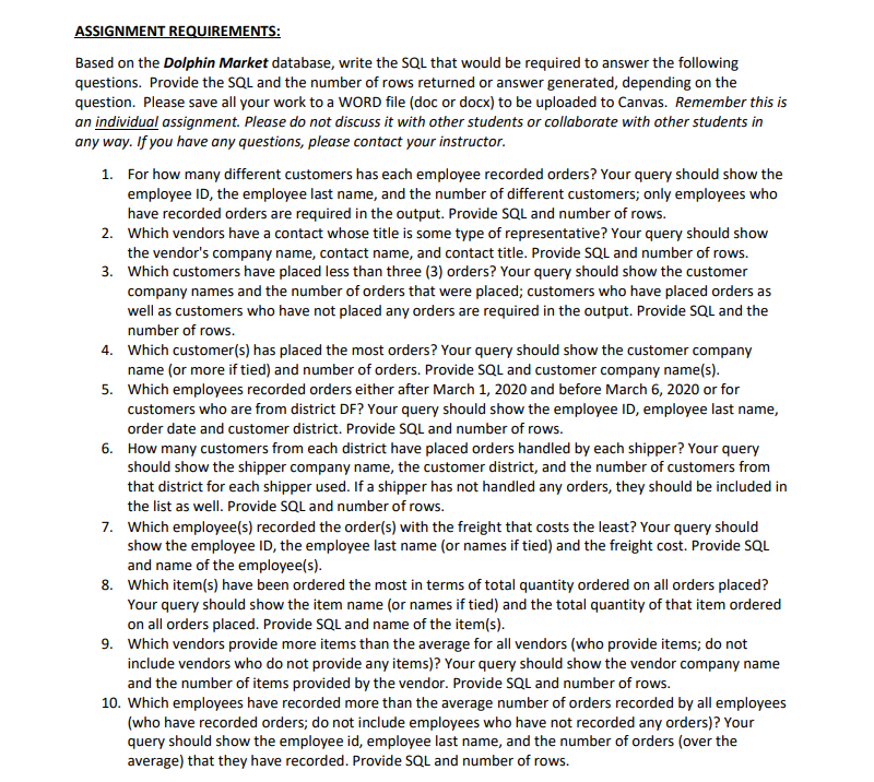 Solved ASSIGNMENT REQUIREMENTS:Based on the Dolphin Market | Chegg.com