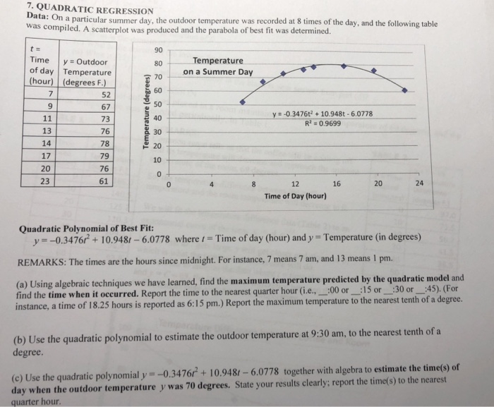 Solved 7. QUADRATIC REGRESSION Data: On a particular summer | Chegg.com