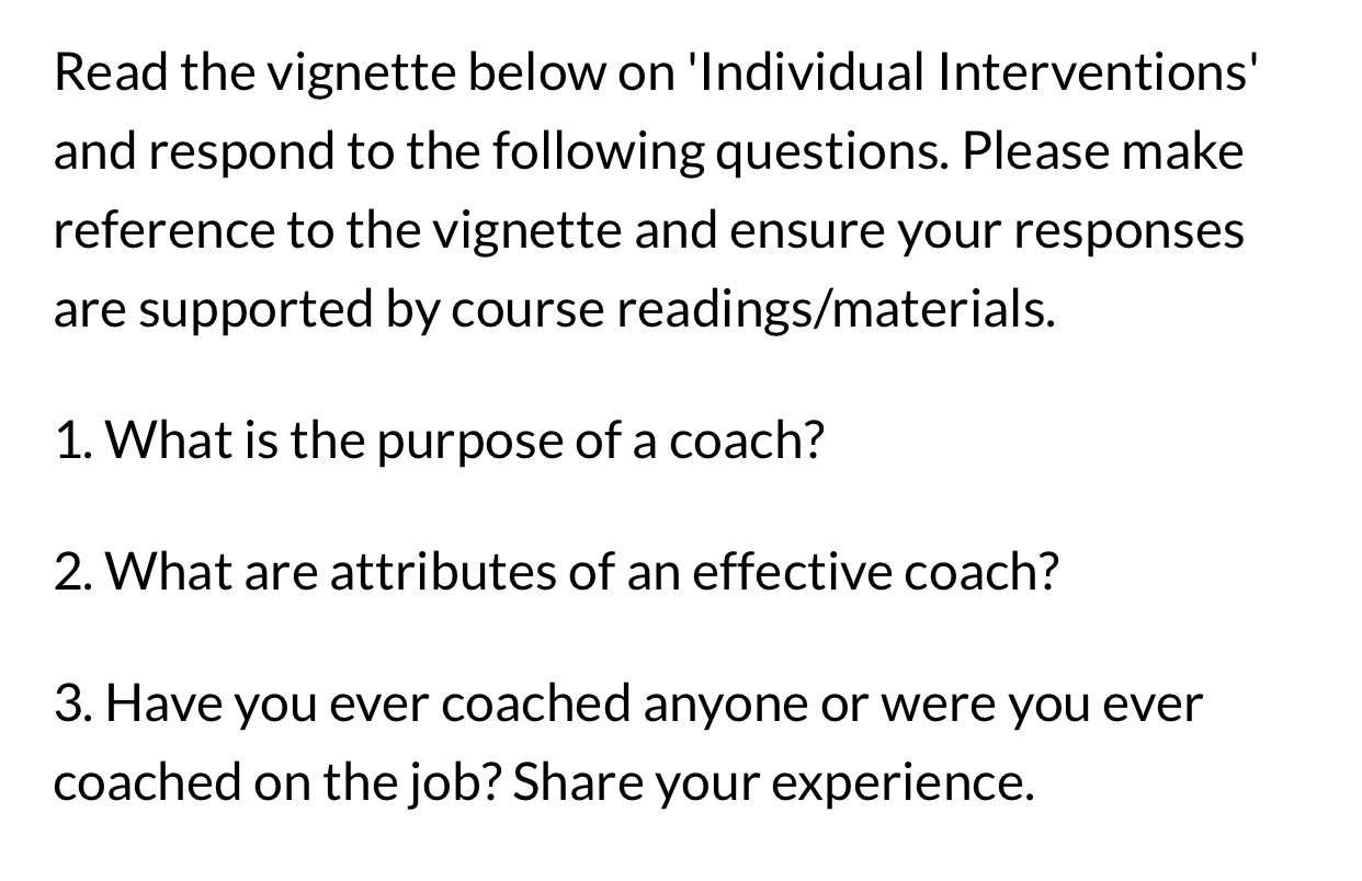 Solved Read the vignette below on 'Individual Interventions' | Chegg.com