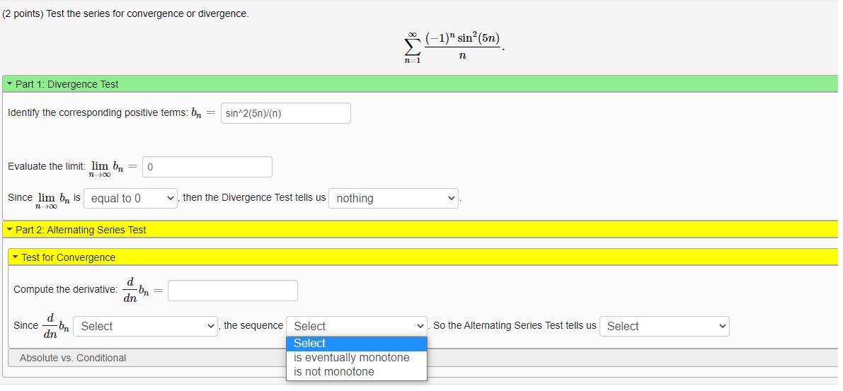 Solved (2 points) Test the series for convergence or | Chegg.com