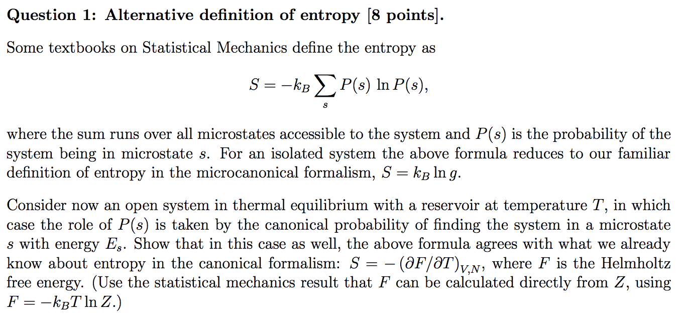 Question 1: Alternative definition of entropy [8 | Chegg.com