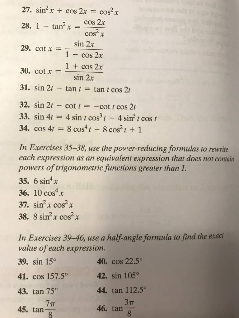 Solved 27. sin2x cos 2x cosx 28. I-tan2 x = cos 2x 29, cot x | Chegg.com