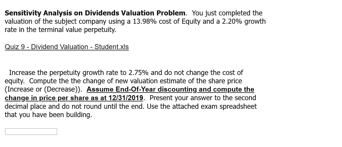 Sensitivity Analysis on Dividends Valuation Problem. | Chegg.com