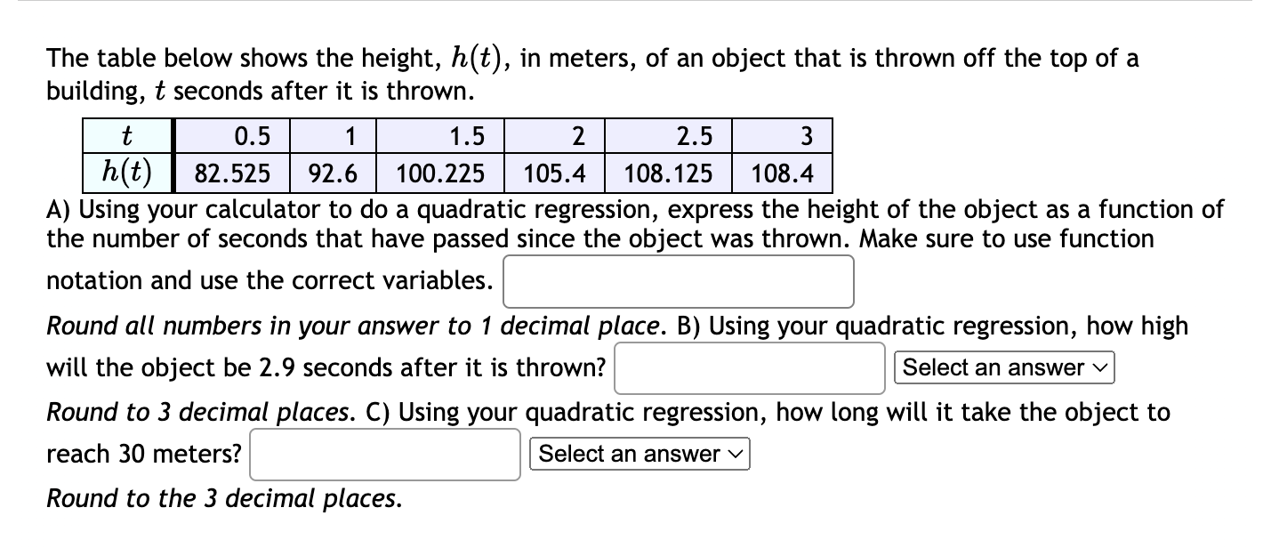 Solved The table below shows the height, h(t), in meters, of | Chegg.com