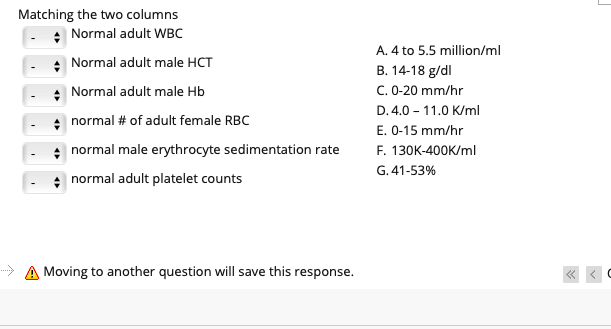 Solved Matching the two columns Normal adult WBC Normal | Chegg.com