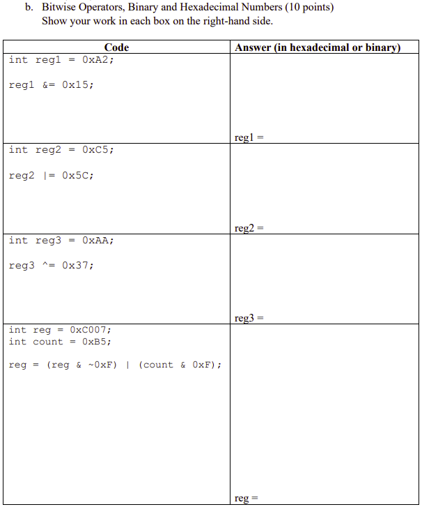 Solved b. Bitwise Operators, Binary and Hexadecimal Numbers | Chegg.com