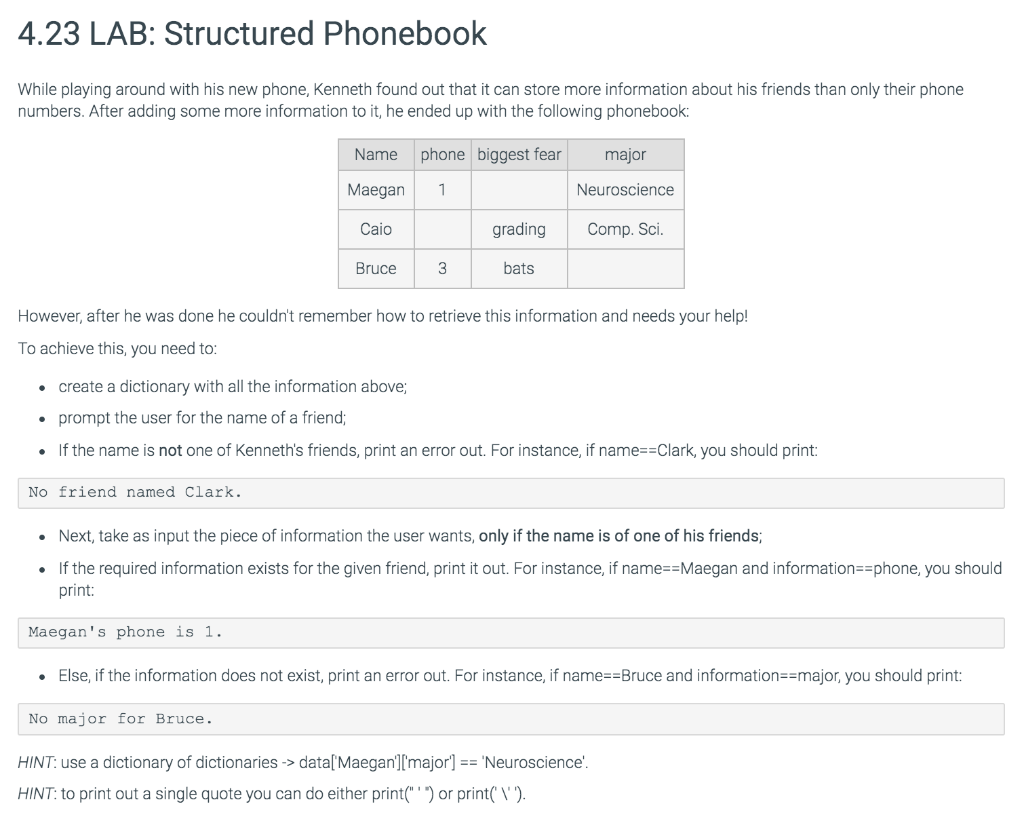Solved 4.23 LAB: Structured Phonebook While playing around | Chegg.com