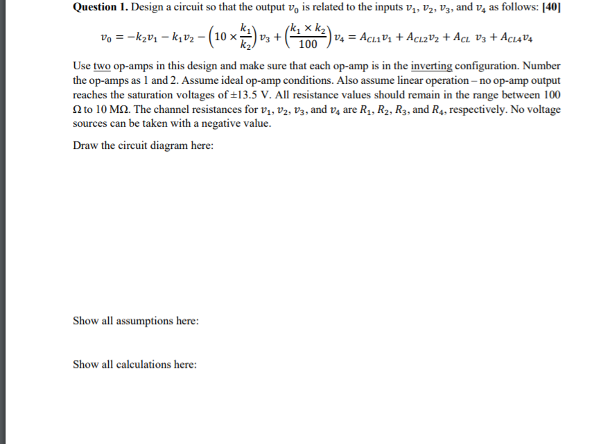 Solved Vo = -k=v1 – kşv- (10 ***) vs +63363) Question 1. | Chegg.com