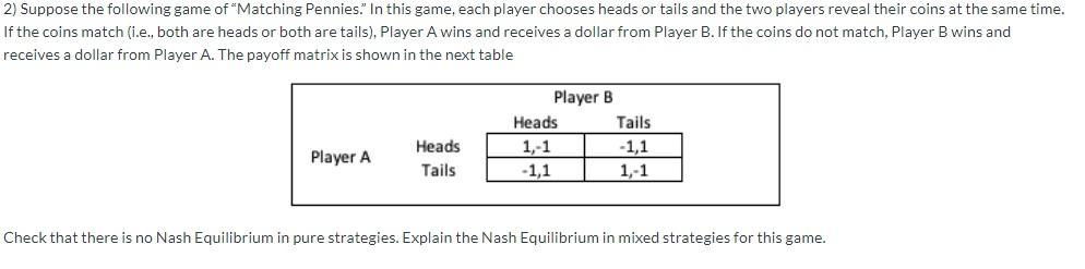 Solved 2) Suppose the following game of "Matching Pennies." | Chegg.com