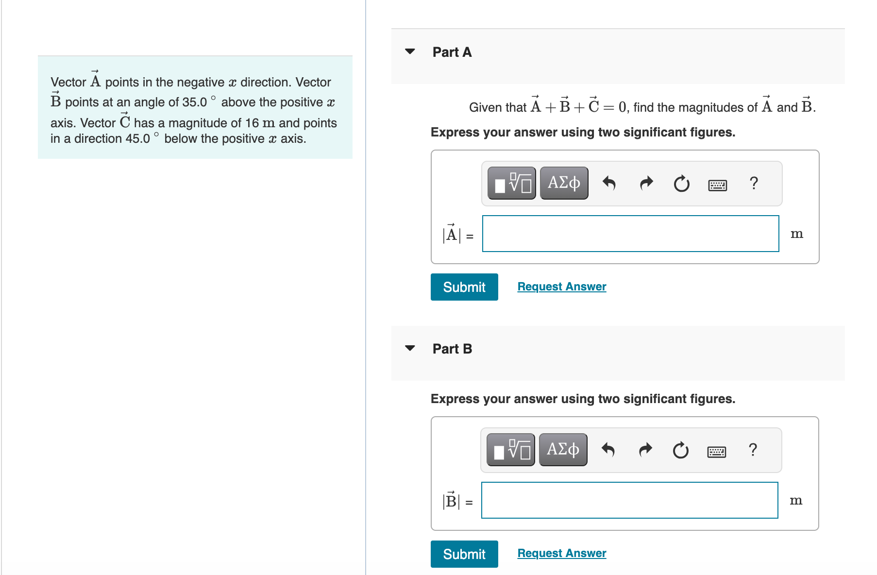 Solved Vector A points in the negative x direction. Vector B | Chegg.com