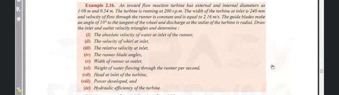 Solved Example 2.16. An inward flow reaction turbine has | Chegg.com