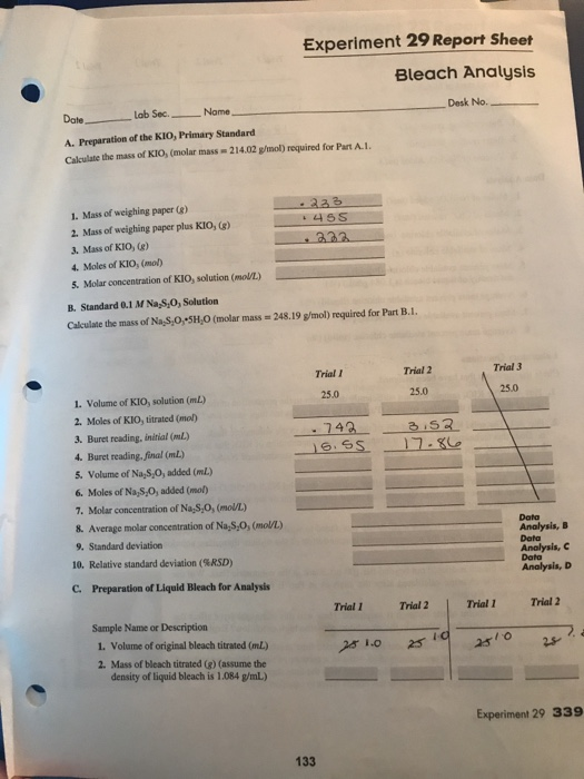 Experiment 29 Report Sheet Bleach Analysis Desk No. | Chegg.com