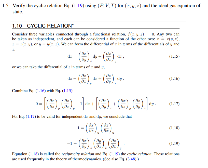 Solved Verify the cyclic relation Eq. (1.19) using (P, V, T) | Chegg.com