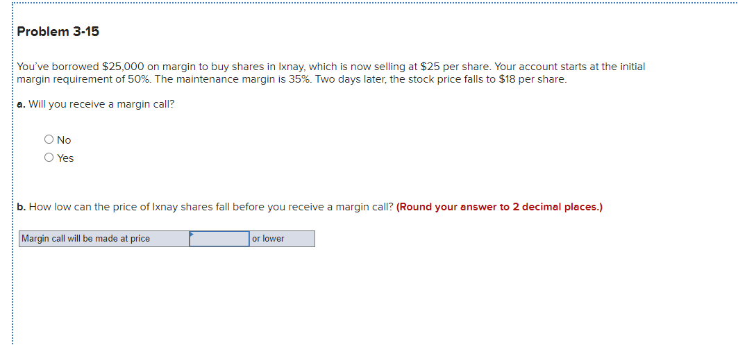 Solved Problem 3-15 You've borrowed $25,000 on margin to buy | Chegg.com