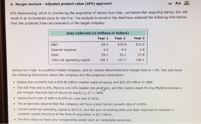4. Merger analysis- Adjusted present value (APV) | Chegg.com