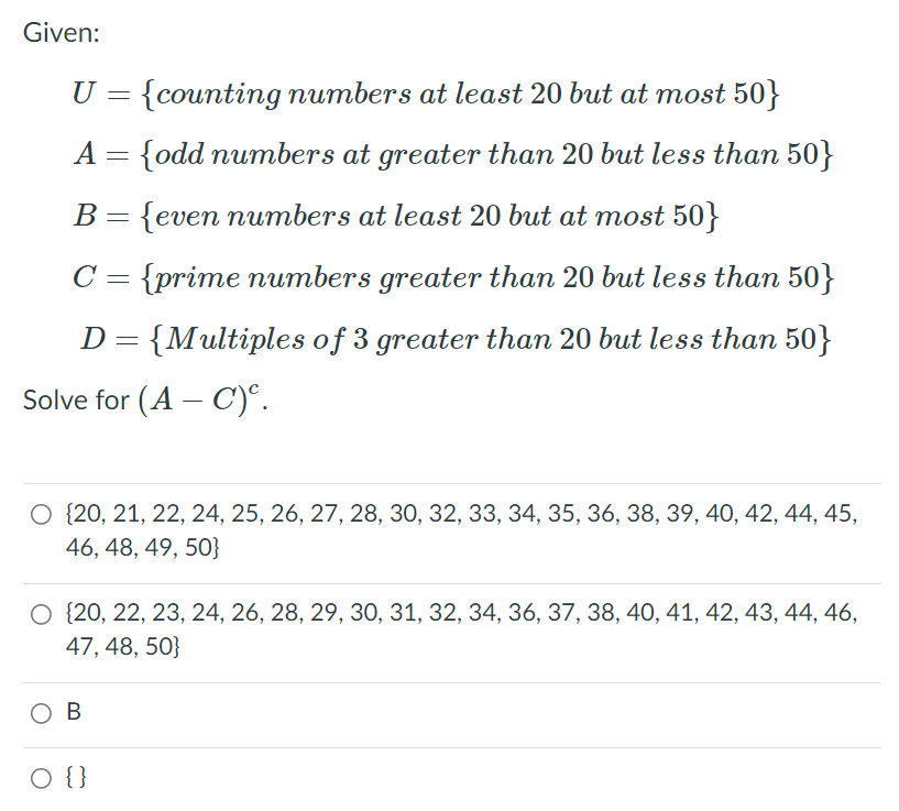 Solved Given: U = {counting numbers at least 20 but at most | Chegg.com