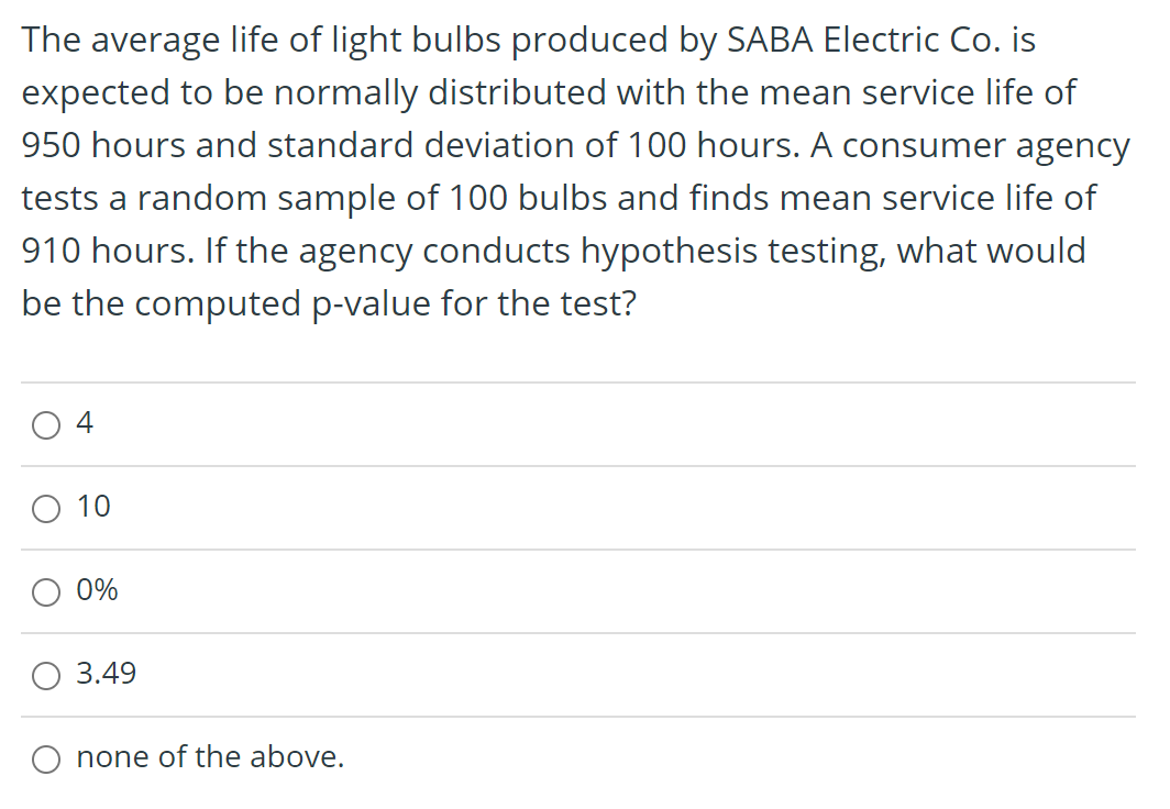 Solved The average life of light bulbs produced by SABA | Chegg.com