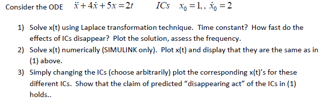 Consider the ODE x¨+4x˙+5x=2t ICs x0=1,,x˙0=2 1) | Chegg.com