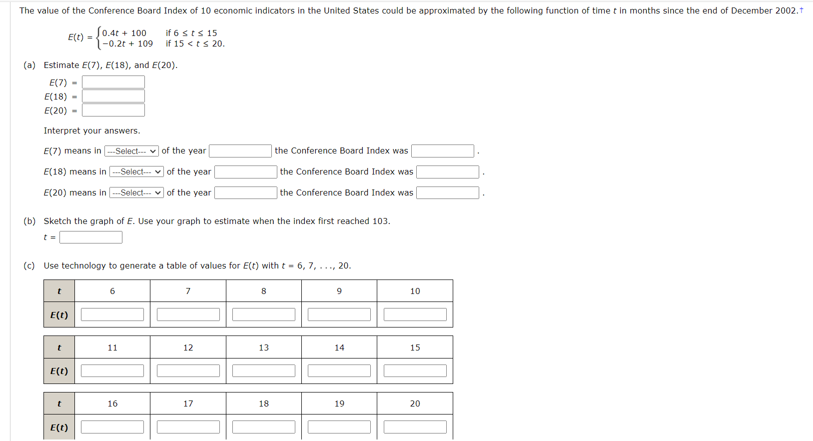 Solved E(t)={0.4t+100−0.2t+109 if 6≤t≤15 if 15 | Chegg.com