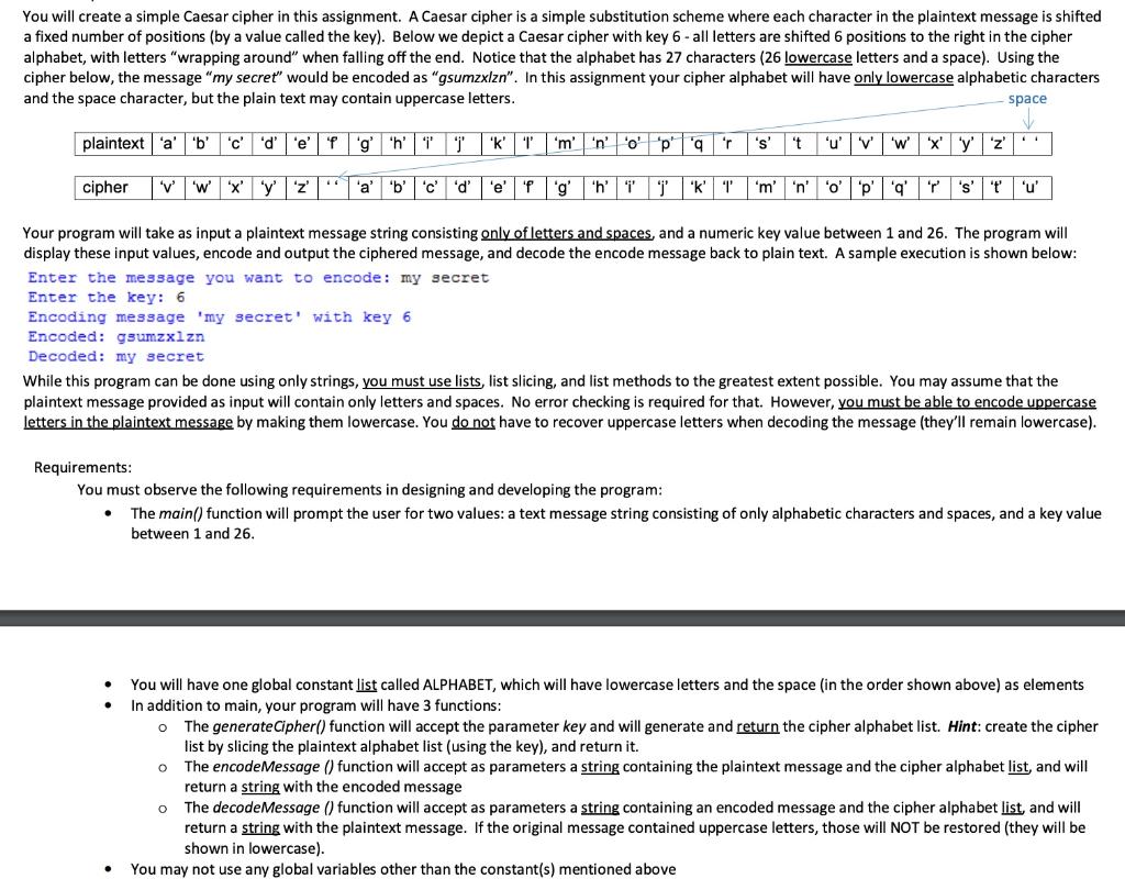 Solved You will create a simple Caesar cipher in this | Chegg.com