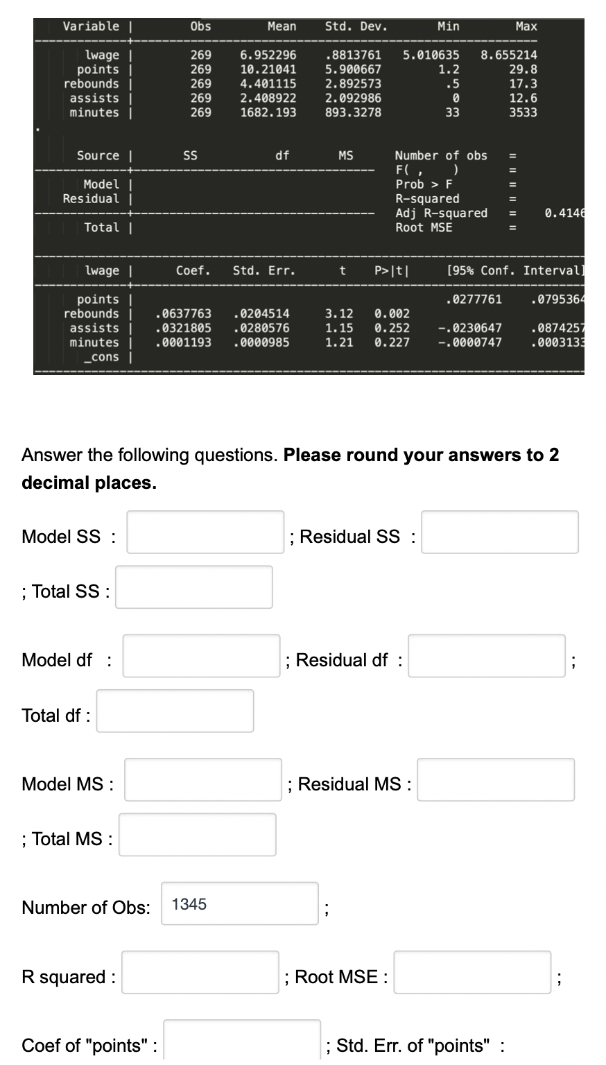 Solved Variable Obs Mean Std. Dev. Min Max lwage points | Chegg.com