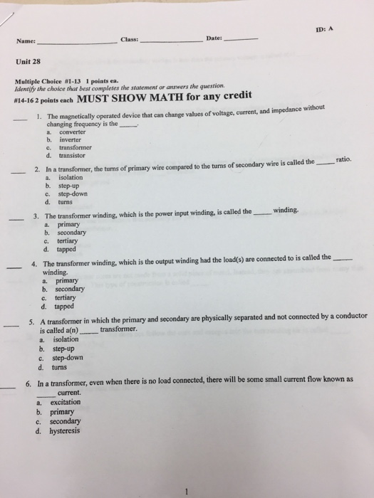 Solved ID: A Name: Class: Date: Unit 28 Multiple Choice | Chegg.com