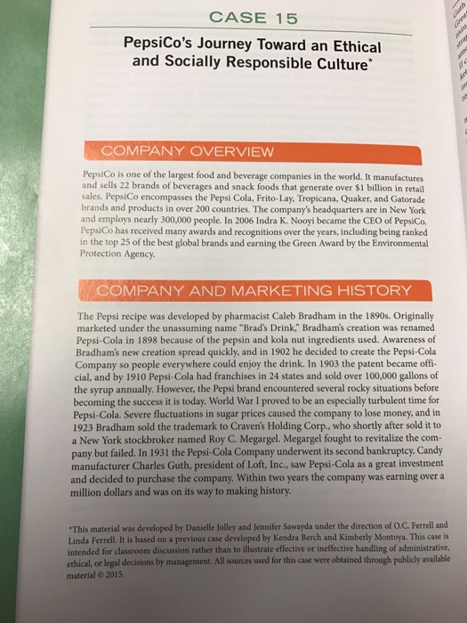 CASE 15 PepsiCo's Journey Toward an Ethical and | Chegg.com