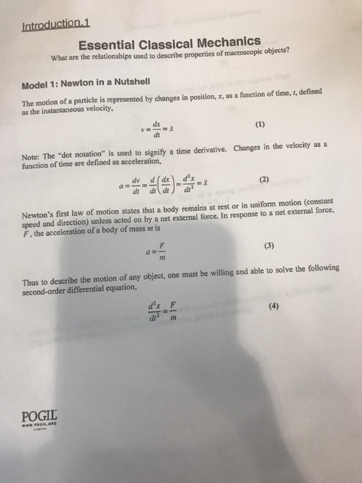 Solved Introduction.1 Essential Classical Mechanics Model 2: | Chegg.com