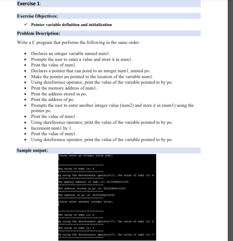 Solved Exercise 1: Exercise Objectives: Pointer variable | Chegg.com
