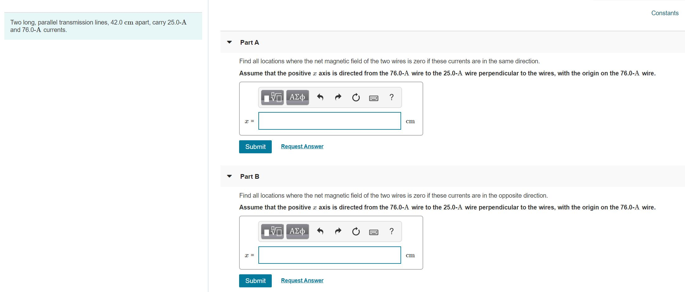 Solved Constants Two long, parallel transmission lines, 42.0 | Chegg.com