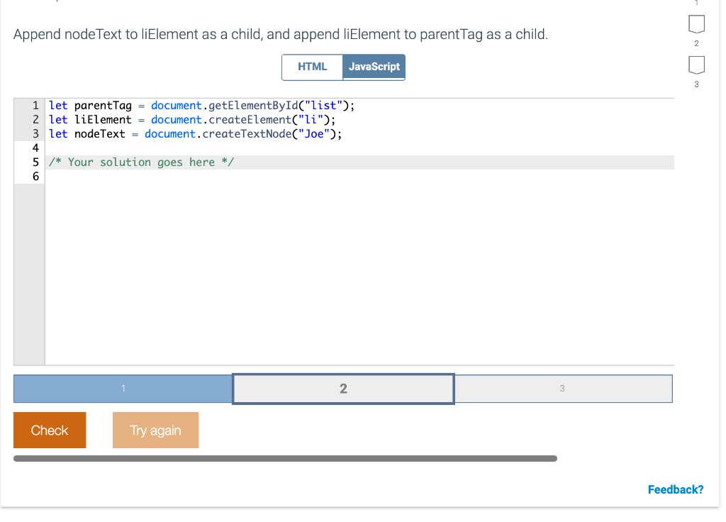 Solved Question: Append the nodeText to liElement as a | Chegg.com