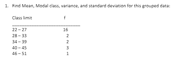 Solved 1. Find Mean, Modal class, variance, and standard | Chegg.com