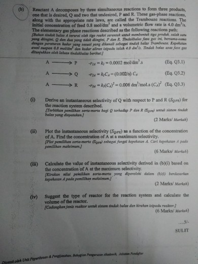 Solved (b)Reactant A decomposes by three simmultaneous | Chegg.com