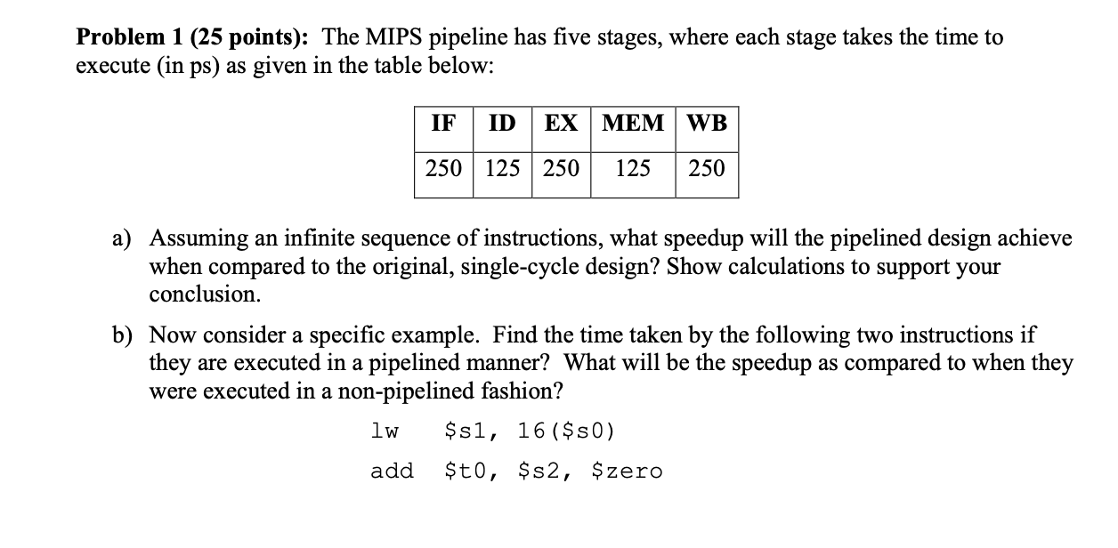 Solved Problem 1 (25 points): The MIPS pipeline has five | Chegg.com